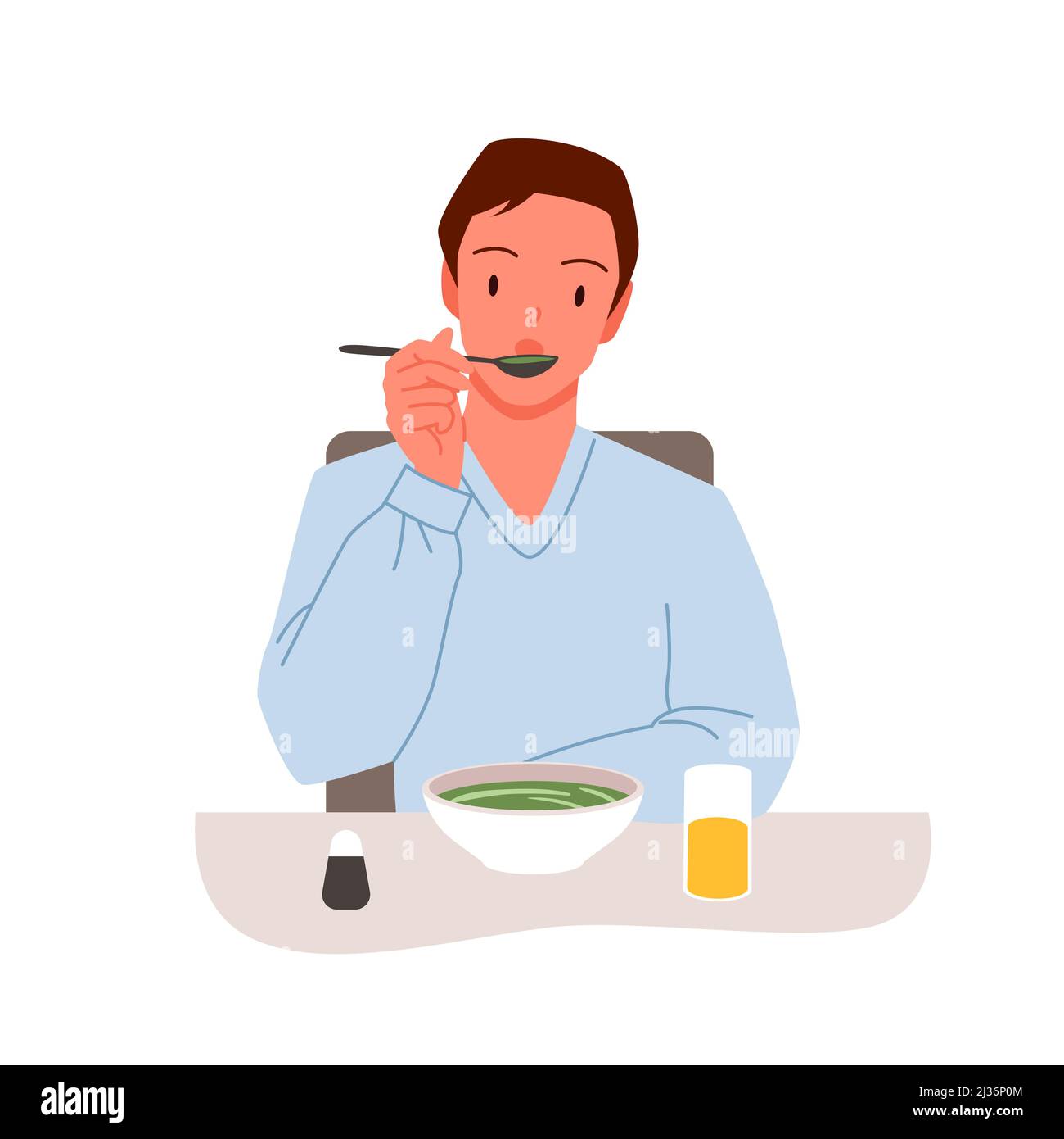 Young man eating healthy bowl of soup at table Stock Vector Image & Art ...