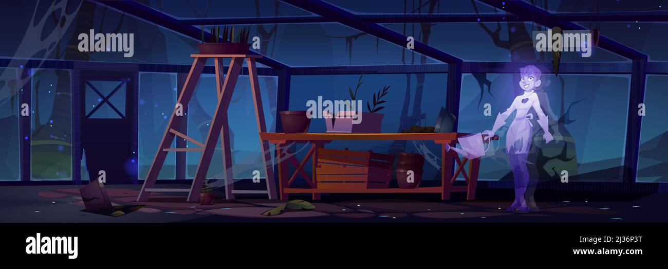 Woman ghost cares plants in glass greenhouse at night. Vector cartoon ...