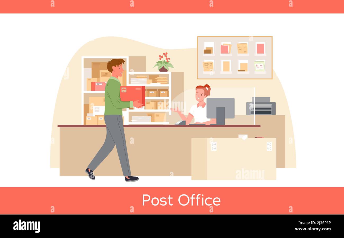 Customer returning box at post office, man holding parcel, operator ...