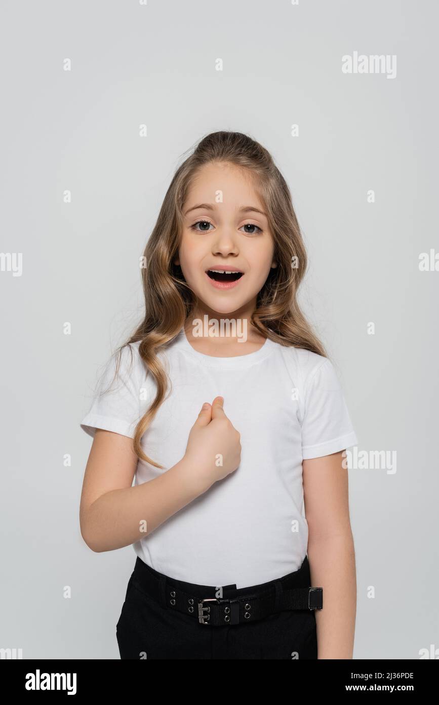 Amazed child point finger hi-res stock photography and images - Alamy