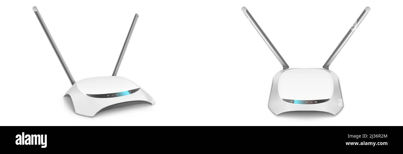 Wifi router front and side view mockup, blank home device with antennas ...