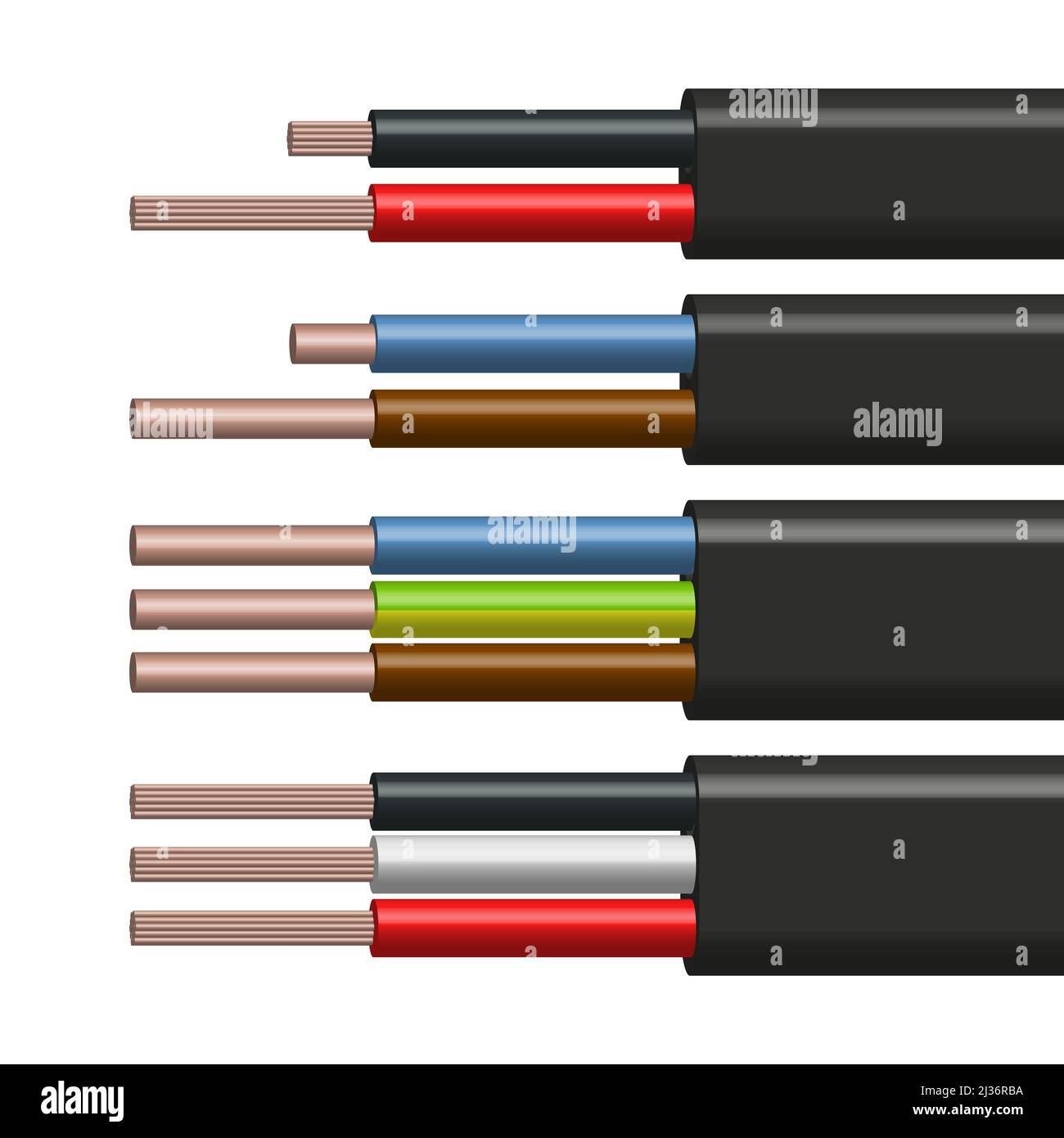 Flat cable with insulated copper conductors. 3D style, vector ...