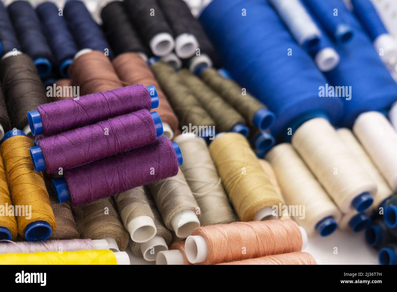 Multi-colored sewing threads laid out in a row. Bright background Stock ...