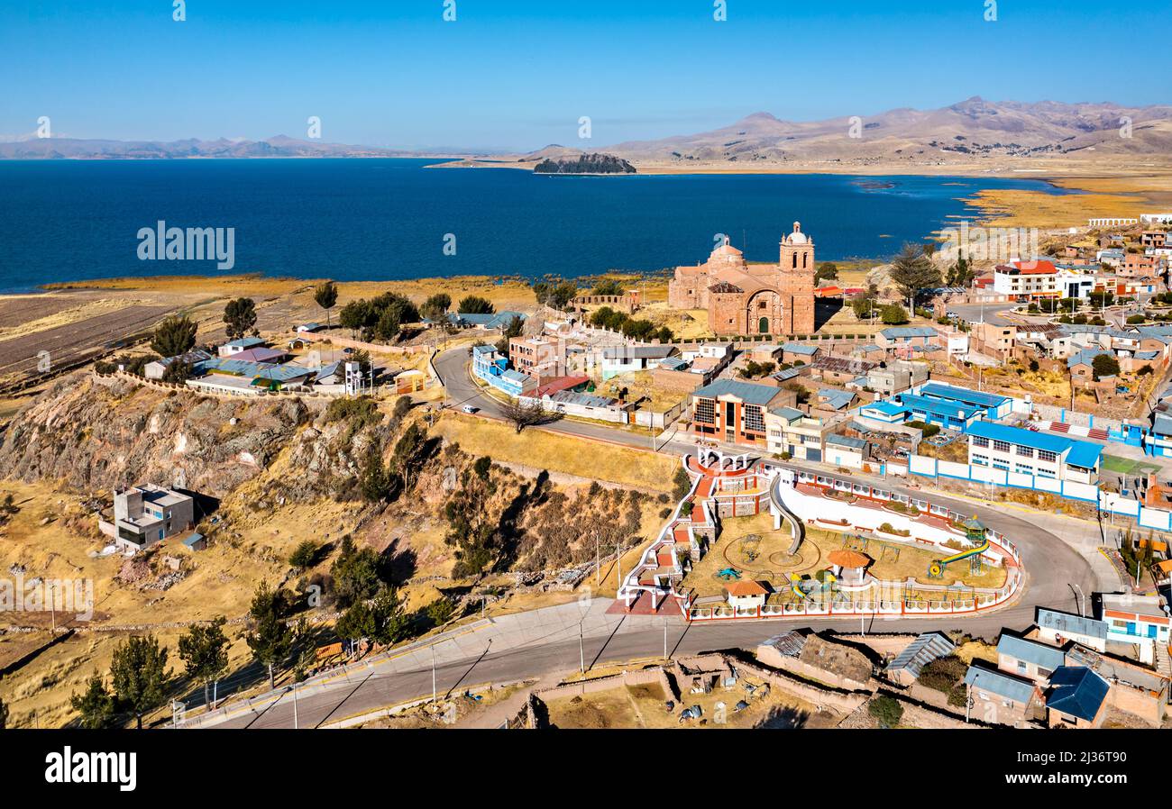 View of Pomata town above Lake Titicaca near Puno in Peru Stock Photo ...