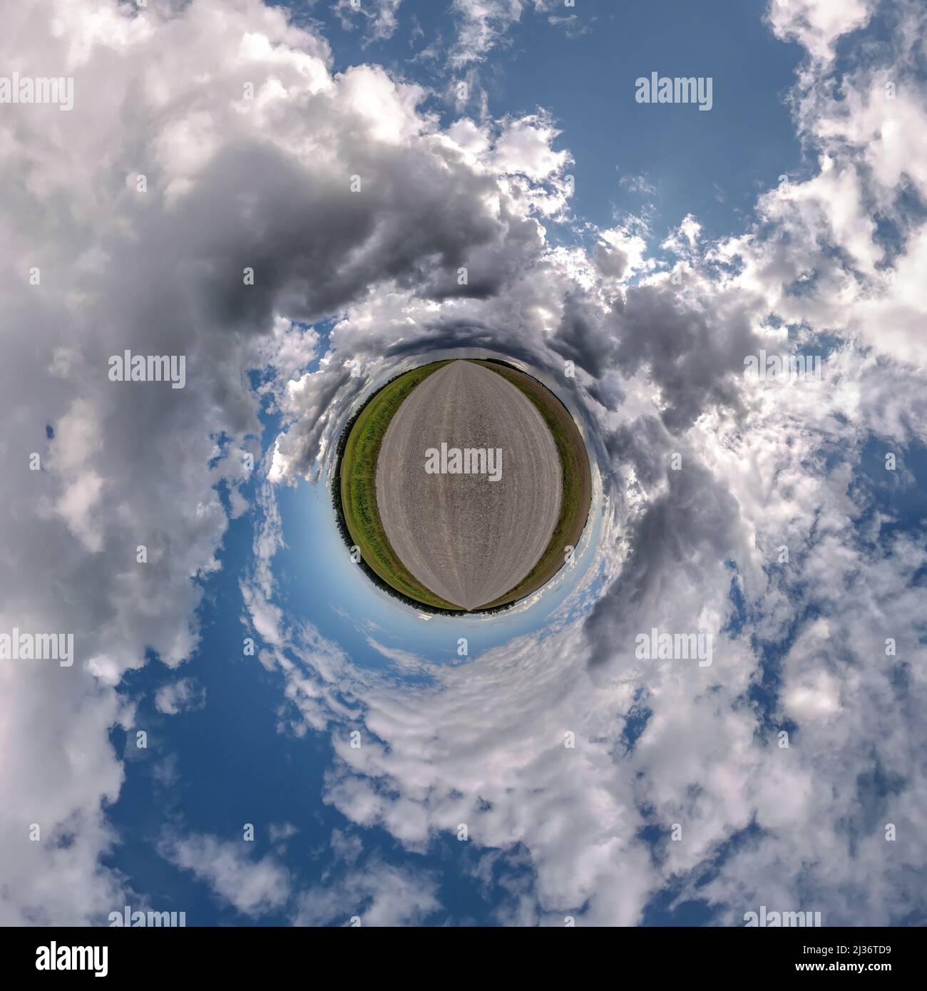 tiny planet in blue sky with beautiful clouds with transformation of ...