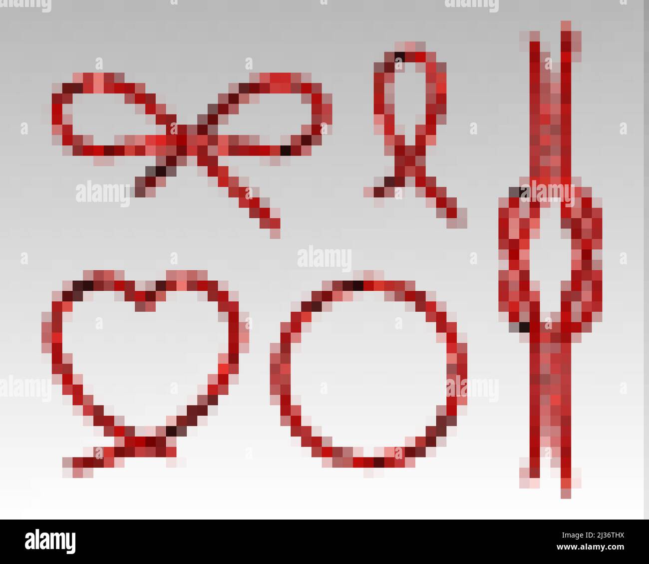 Red silk cords heart, bow, round frame and knot of satin rope, scarlet ...