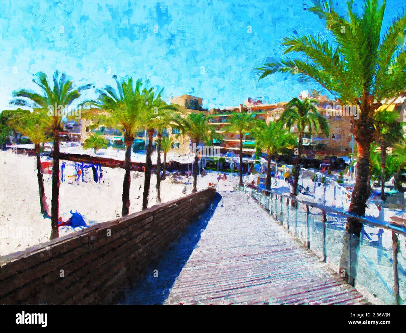Painted views of the city of Alcudia in Mallorca with its beach ...