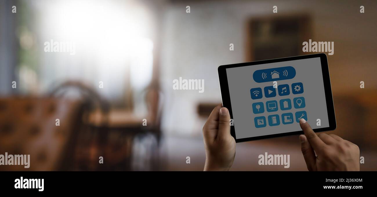 man use Smart home technology interface on smartphone app internet of ...