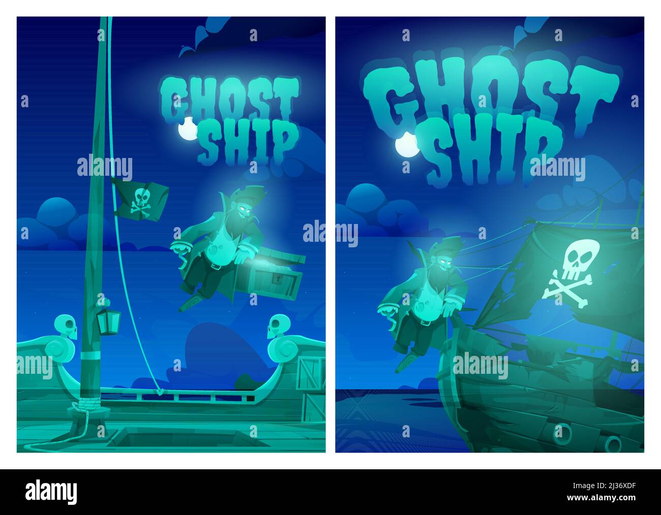 Ghost ship posters with pirate, treasure chest and black jolly roger ...