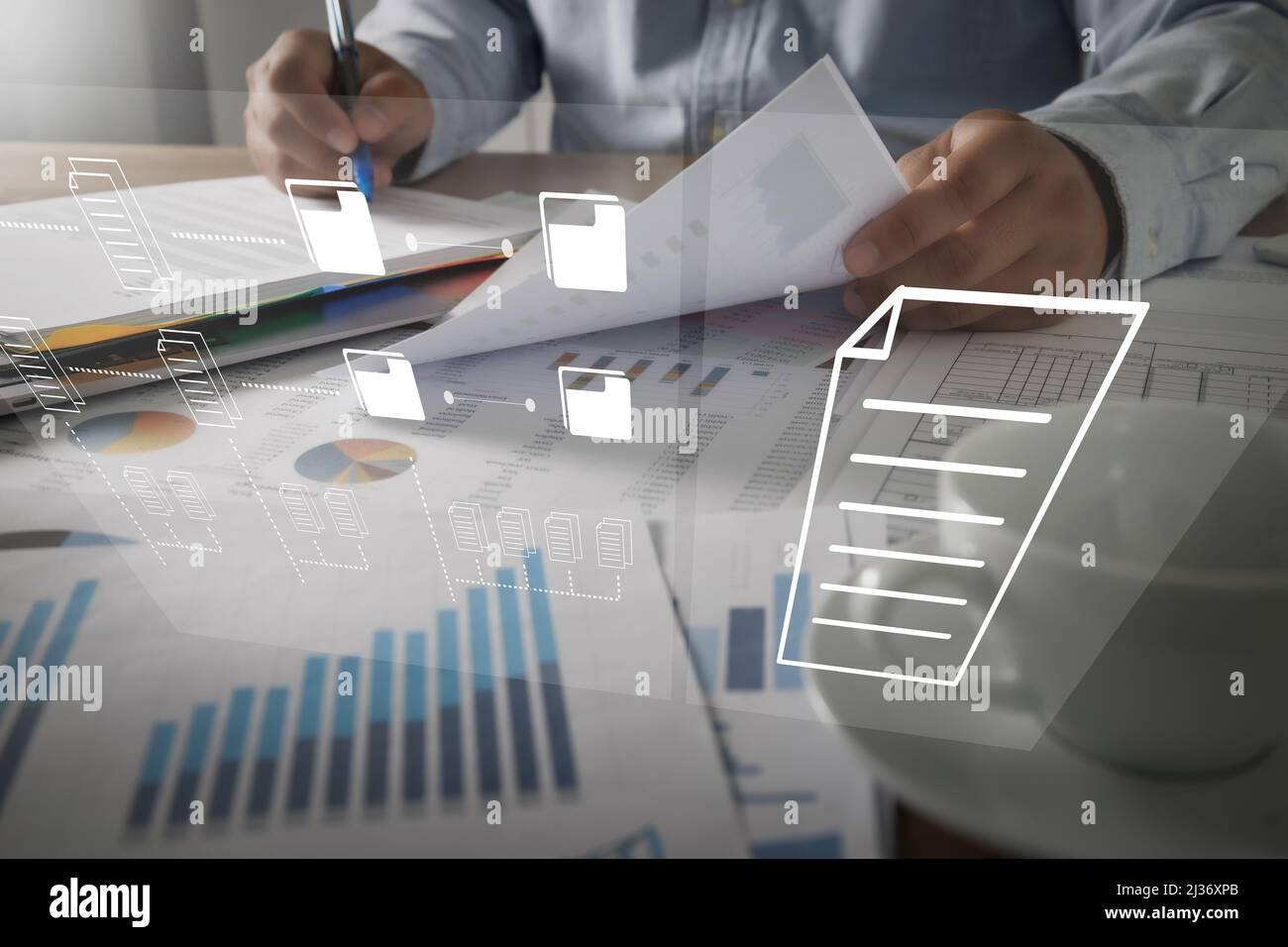 Businessman working reading documents graph financial to job succes ...