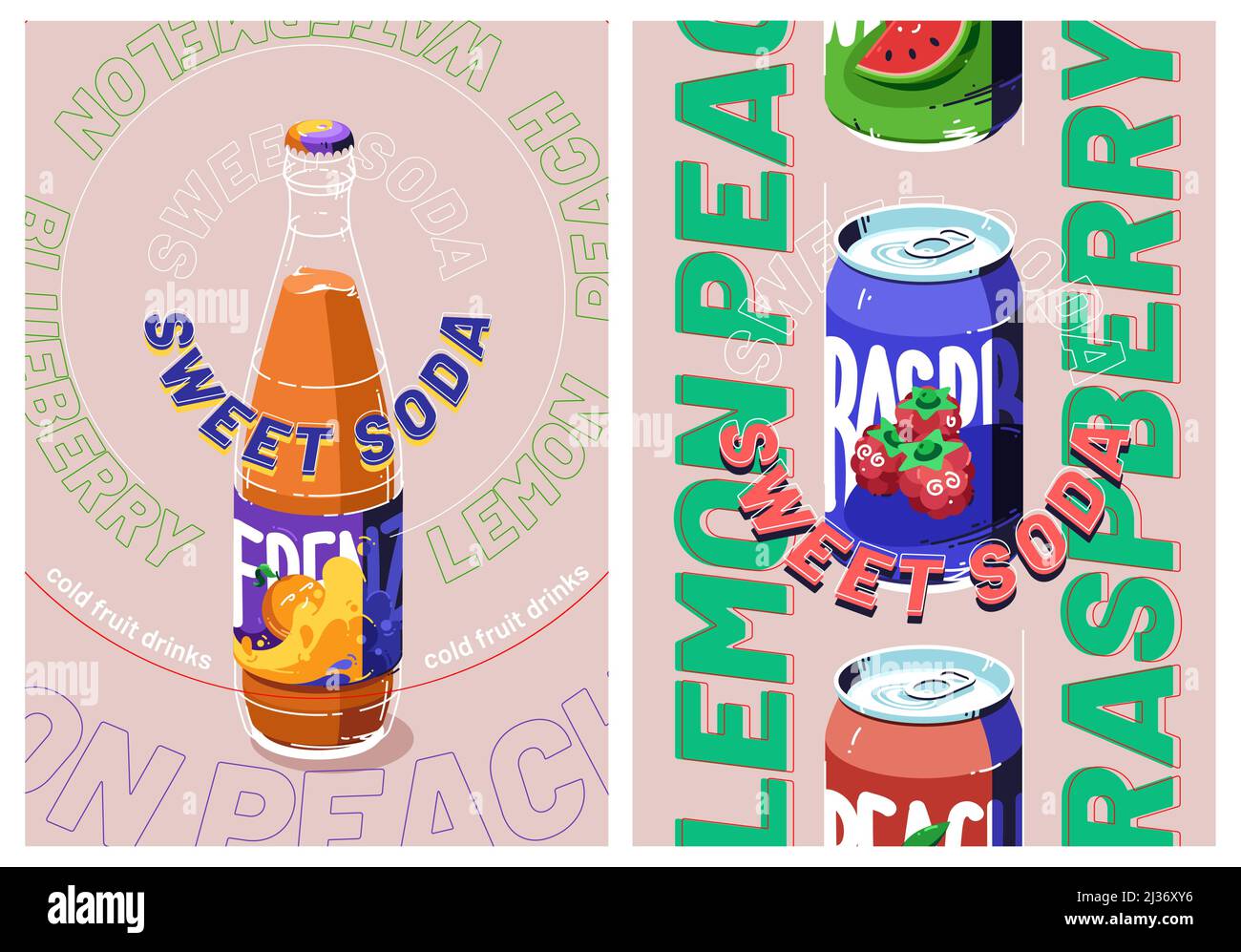 Sweet soda ad posters with bottle and tin can of lemon, raspberry or ...