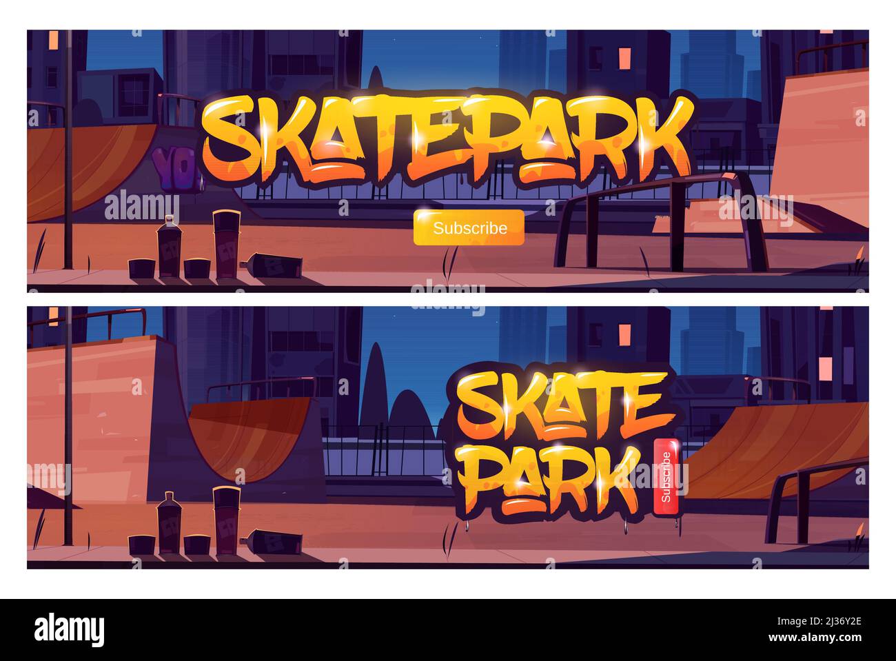 Skate park banners with subscribe button. Vector cartoon illustration ...