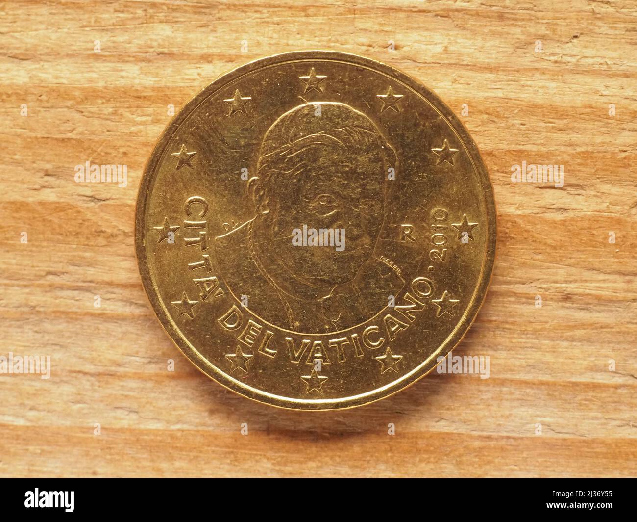 fifty cent coin, Vatican City side showing Pope Benedict XVI, currency ...