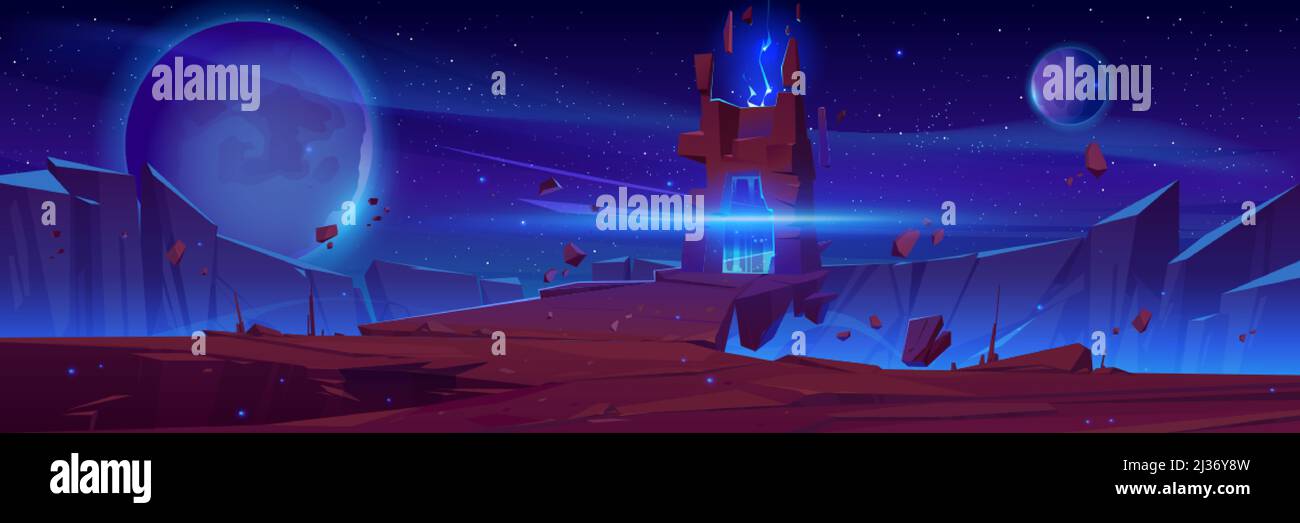 Magic portal on alien planet, space landscape, night fantasy scene with ...