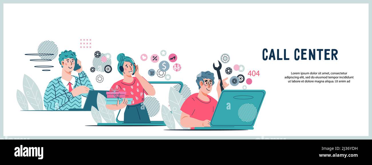 Call center banner layout with friendly staff consult customers. Telemarketing and customer ...