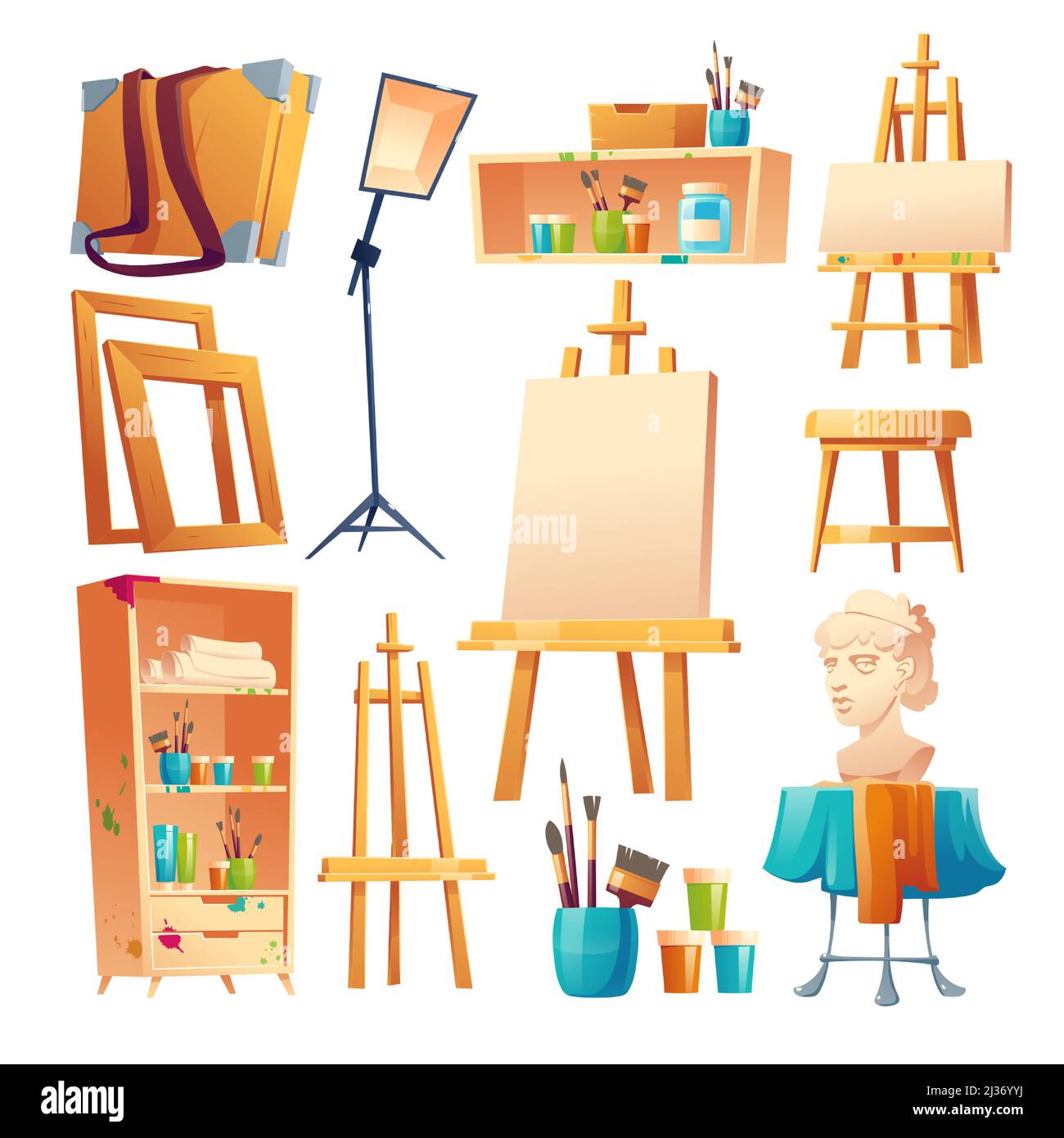 Artist studio, art classroom stuff set. Canvas on easel, paint brushes ...