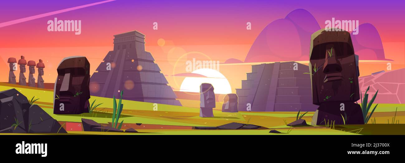 Ancient mayan pyramids and moai statues on Easter island sunset or ...