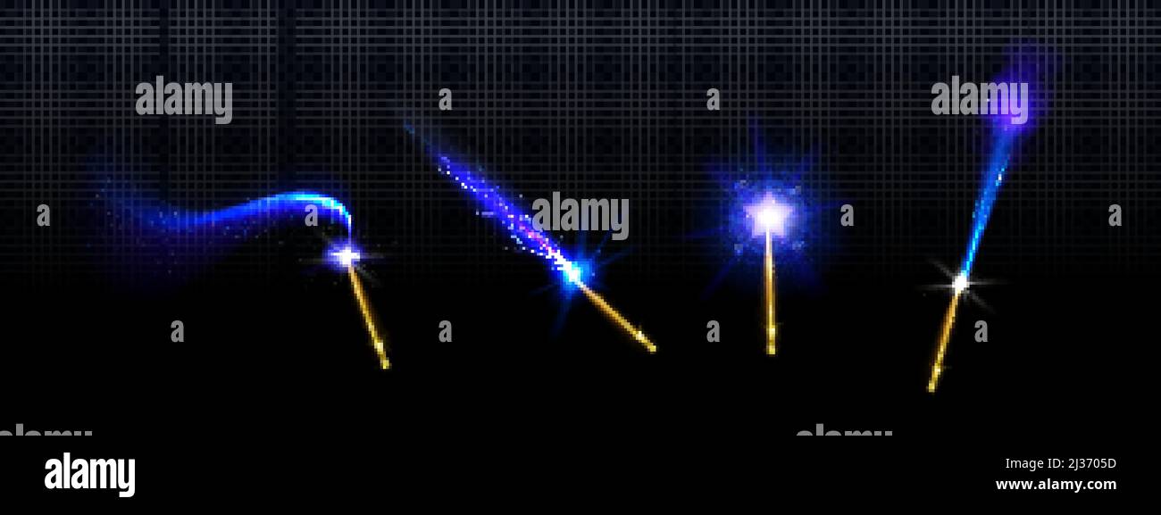 Magic wands with blue star and glowing sparkle trails, gold colored ...