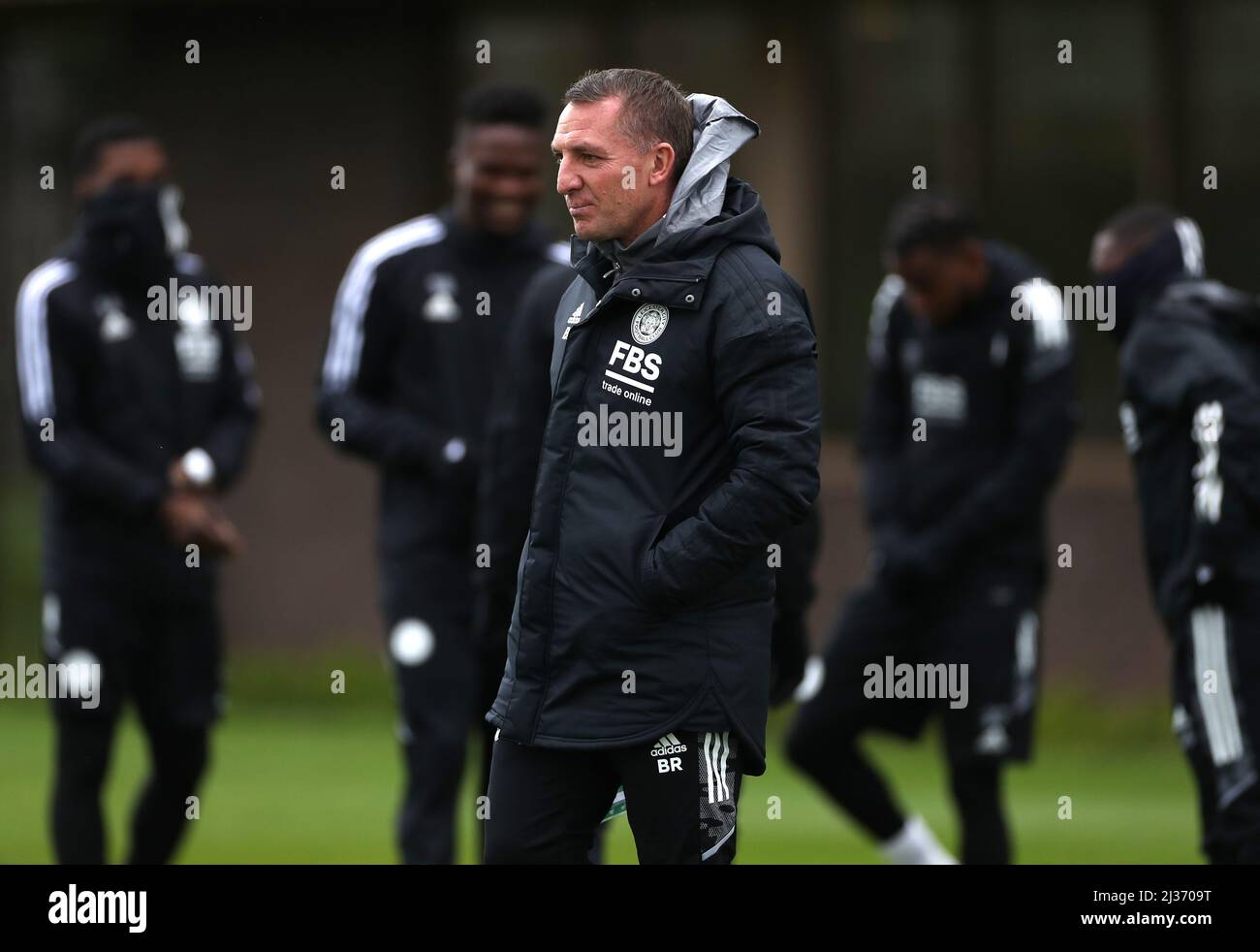 Leicester City manager Brendan Rodgers (centre) during a training ...