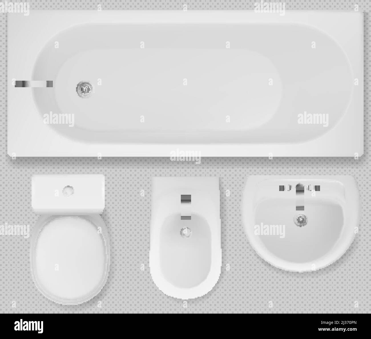 White toilet bowl, bath tub, sink and bidet top view. Bathroom interior ...