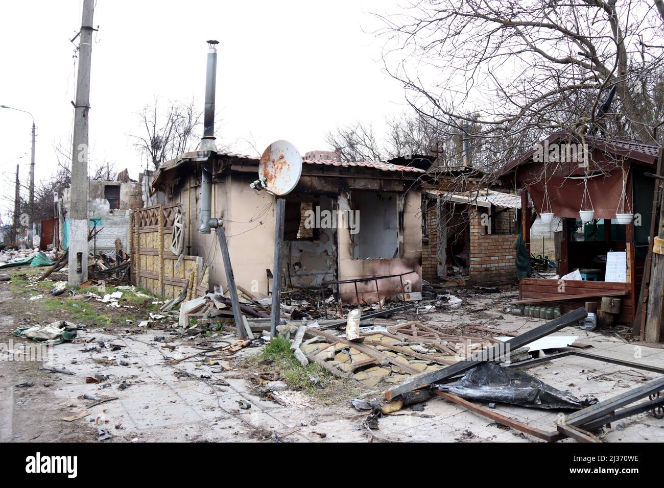 BUCHA, UKRAINE - APRIL 5, 2022 - The buildings lie in ruins in Vokzalna ...