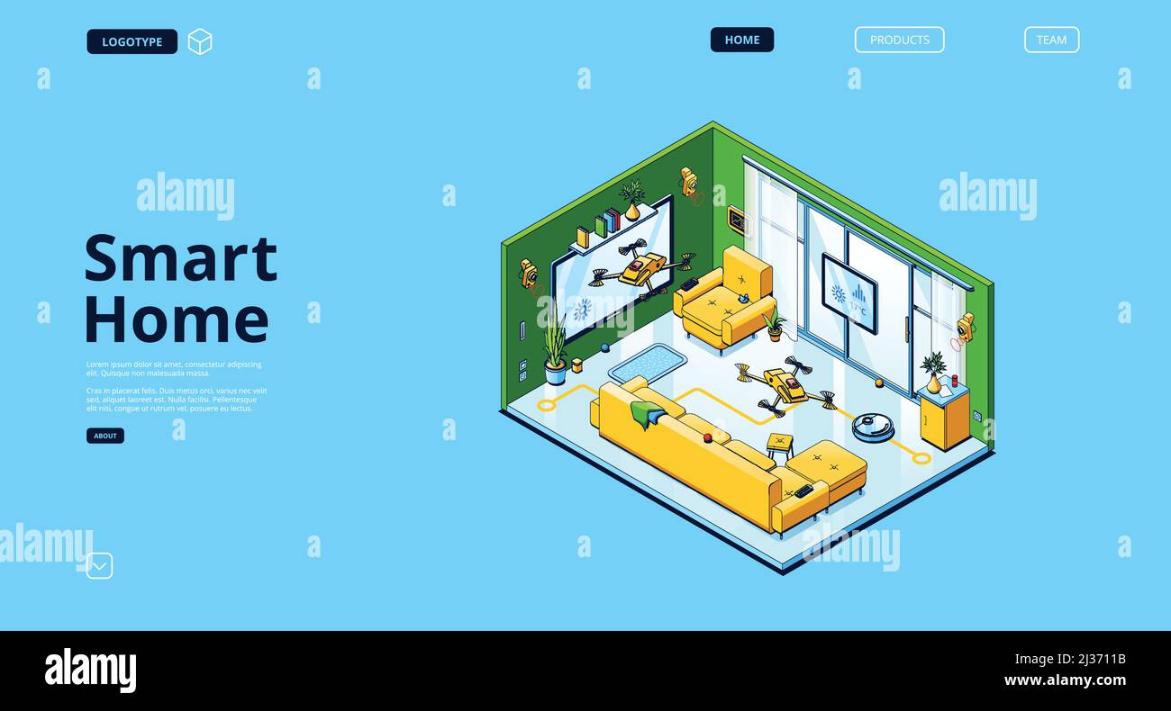 Smart home isometric landing page, internet of things concept. Room with iot appliances vacuum ...