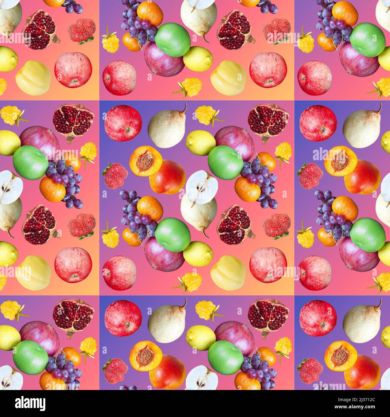 Seamless colorful pattern with various fruits on a color gradient ...