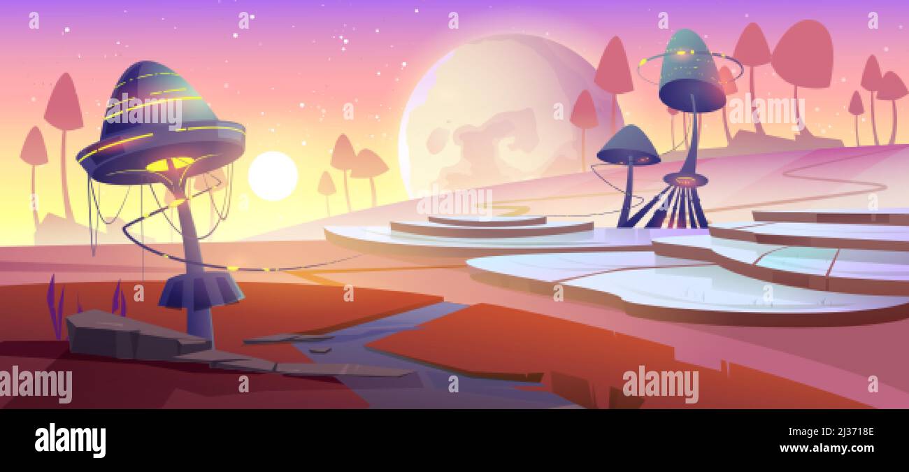 Fantasy landscape with magic glowing mushrooms and plants at sunset ...