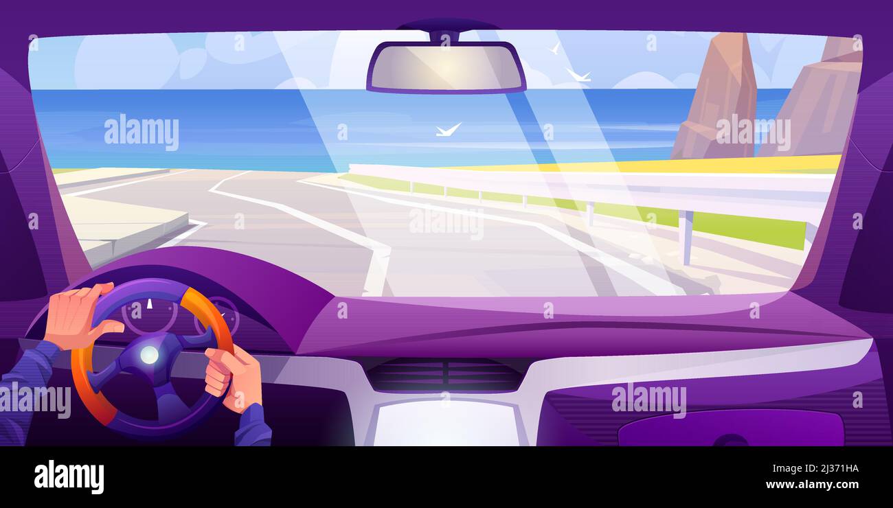 Sea beach view from car interior through windshield. Vehicle salon ...
