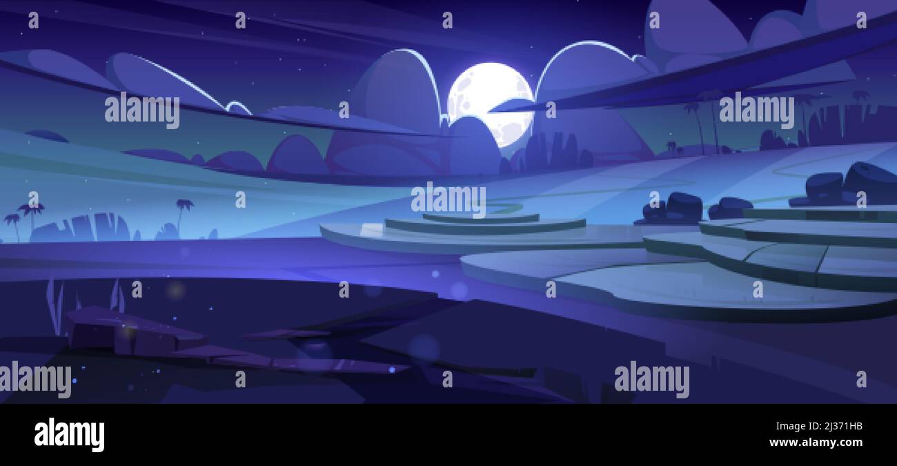 Rice field terraces, green paddy at night. Vector cartoon illustration ...