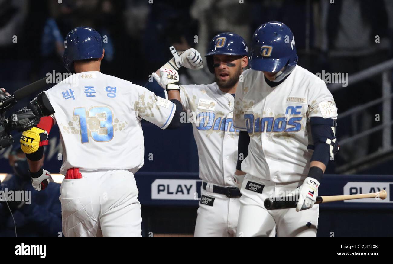 06th Apr, 2022. Baseball: NC Dinos vs. Lotte Giants Park Jun-young (L ...
