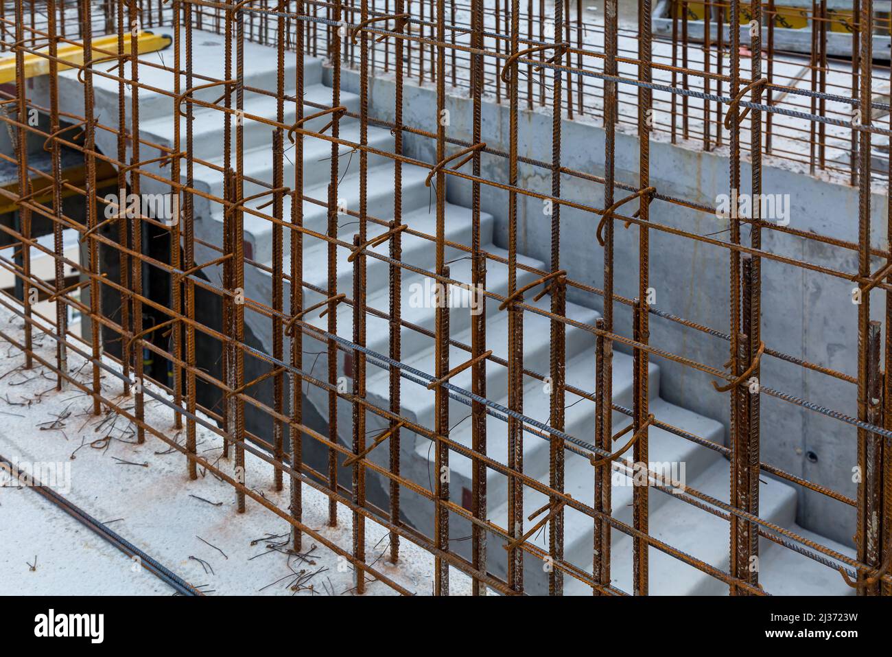 Rebar metal frame. Steel mesh interconnected at the construction site ...