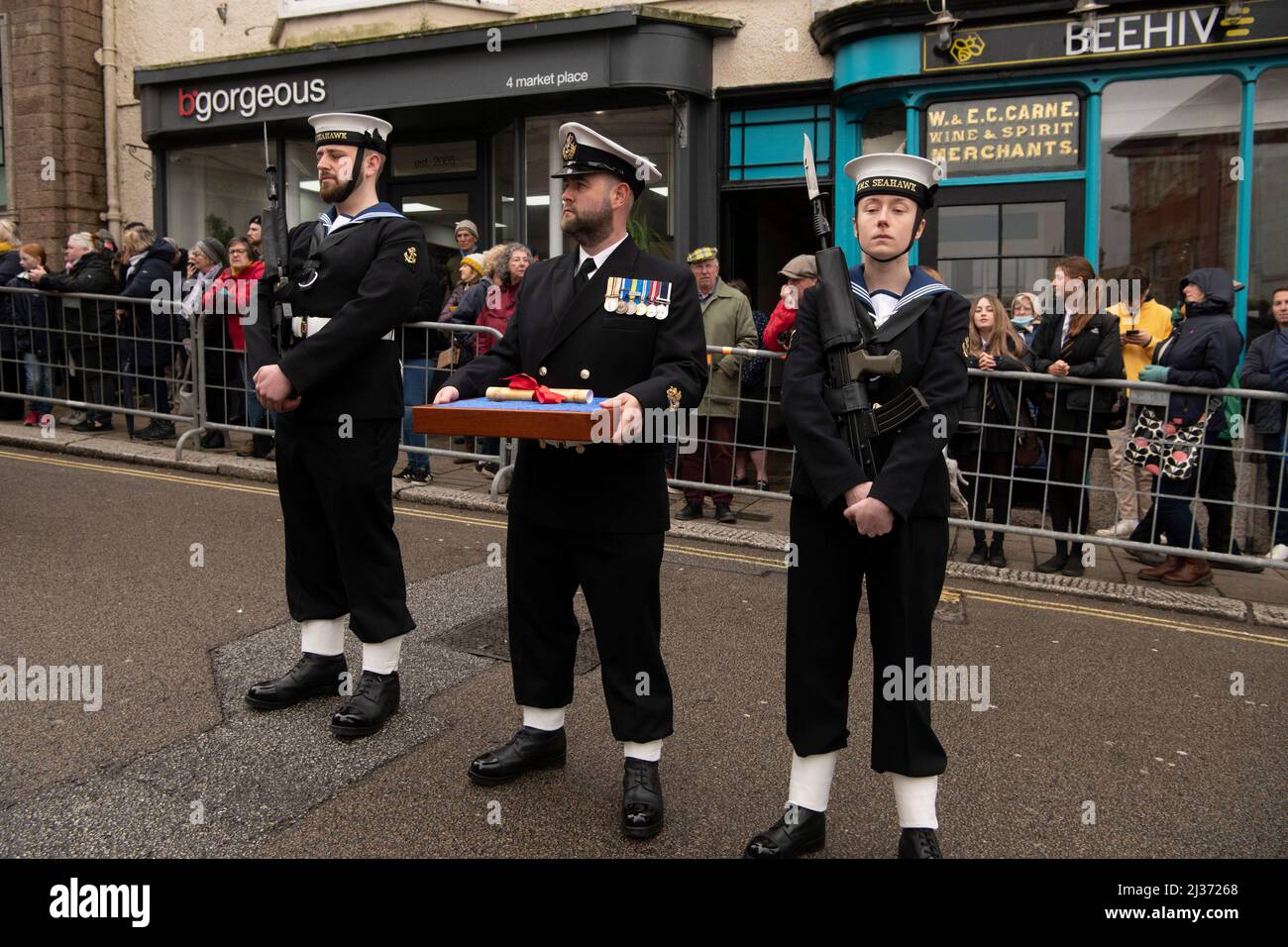 Freedom Parade in Helston Cornwall,RNAS Culdrose Navy personnel form up ...