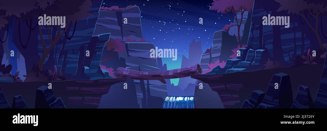 Log bridge between mountains edges above cliff night time landscape ...