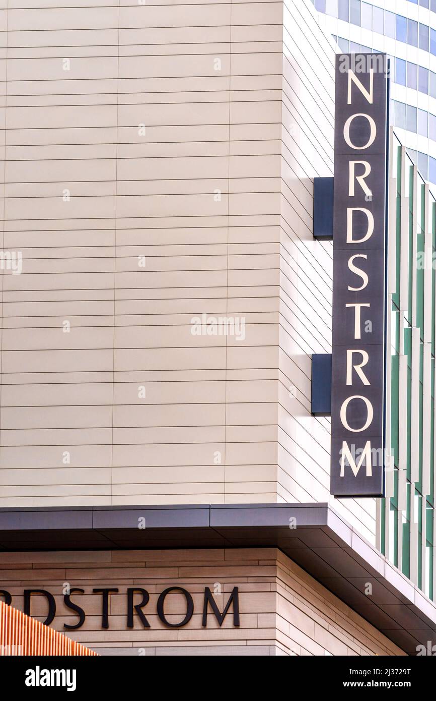 Close-up to the business sign of the Nordstrom store which is located ...