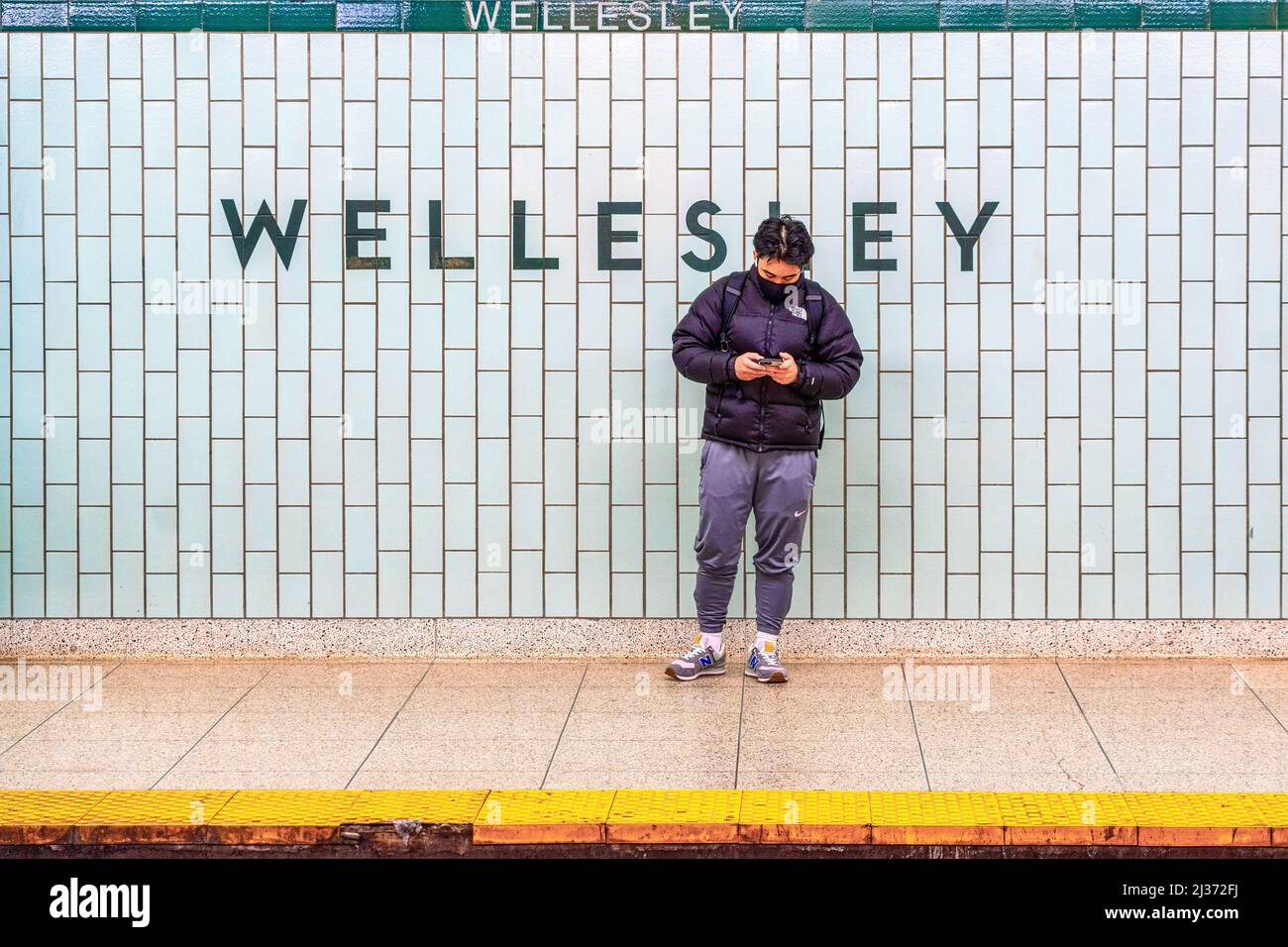 A young man waits for a TTC subway train in the platform of Wellesley ...