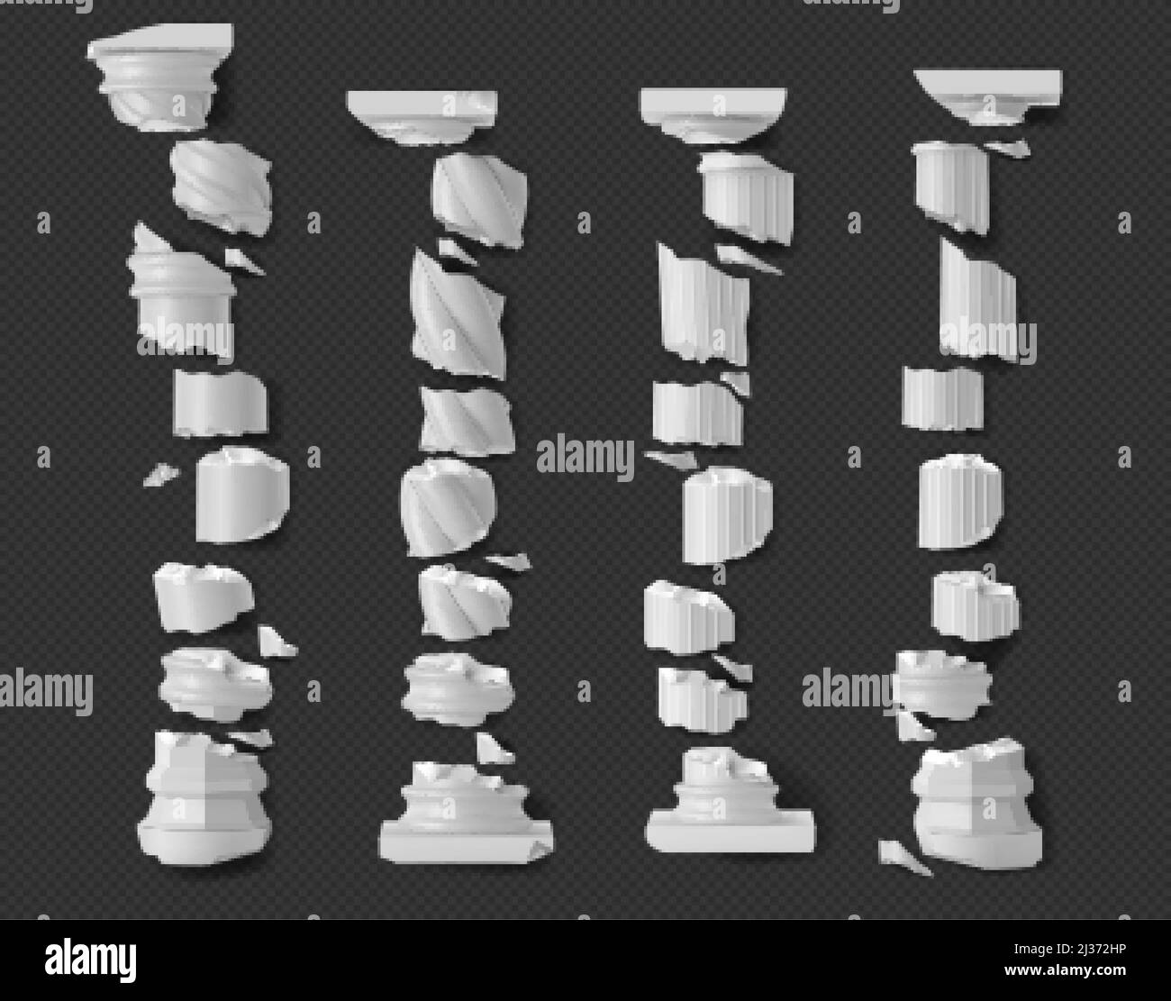 Broken antique pillars, white ancient ruined stone columns pieces ...