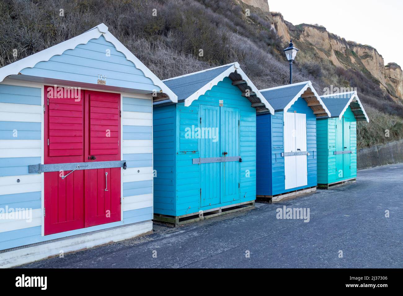 Colourful beach huts on the sea front, Cromer on the North Norfolk ...
