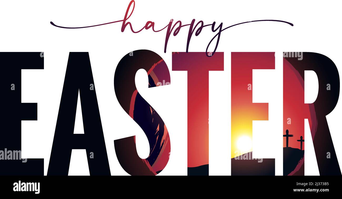 Happy Easter typography, tomb and Calvary with three cross. Holy week ...