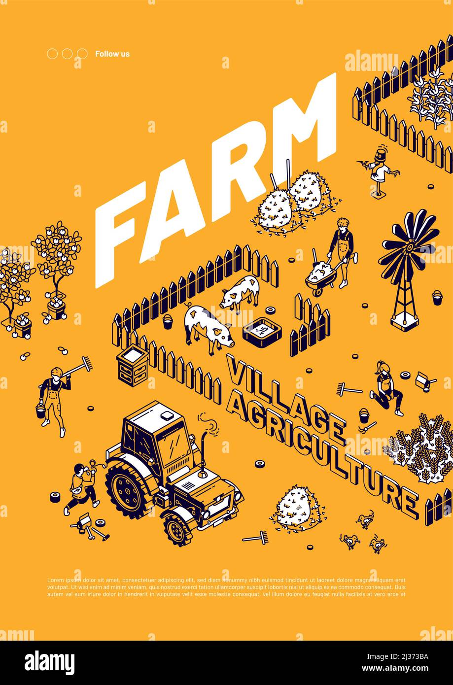 Farm, village agriculture poster with people workers and tractor ...