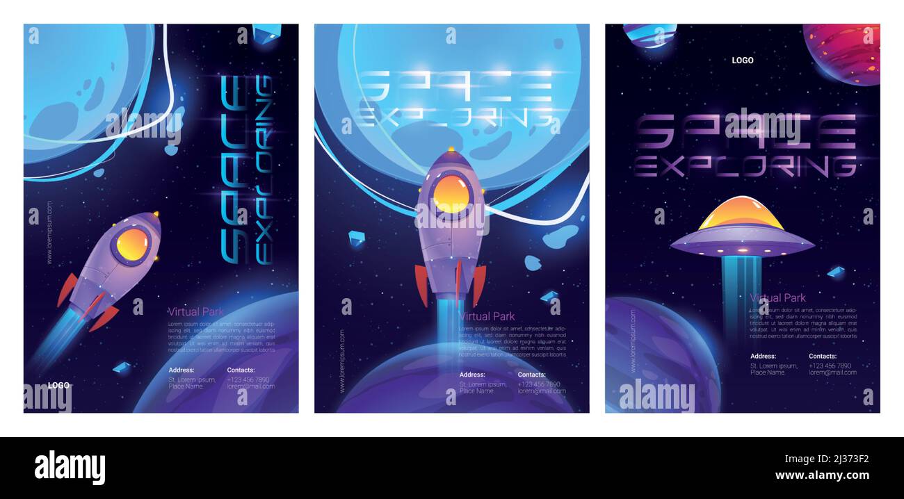 Space exploring cartoon posters with alien ufo saucer, planets and ...