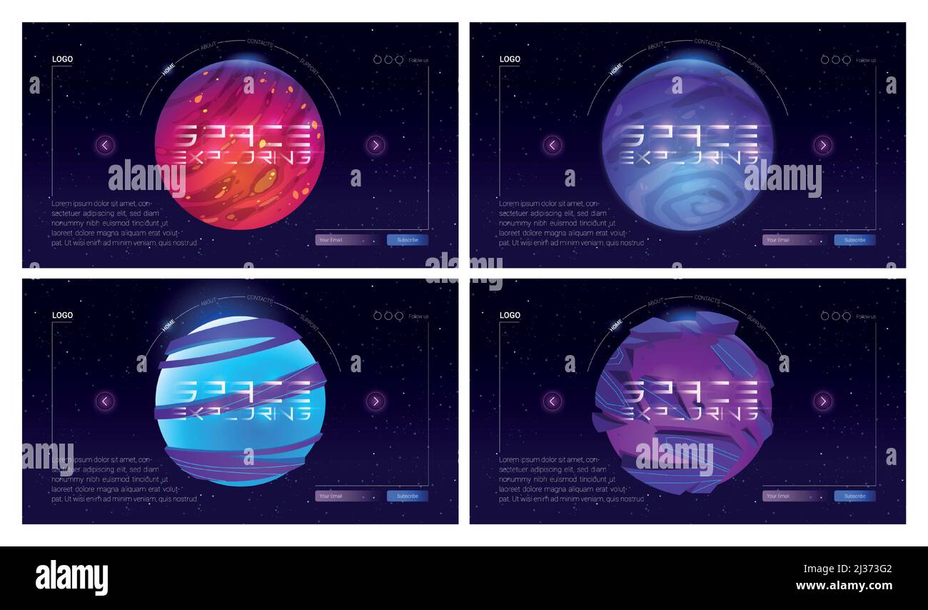 Galaxy travel cartoon landing page with planets in outer space, cosmic objects in dark starry ...