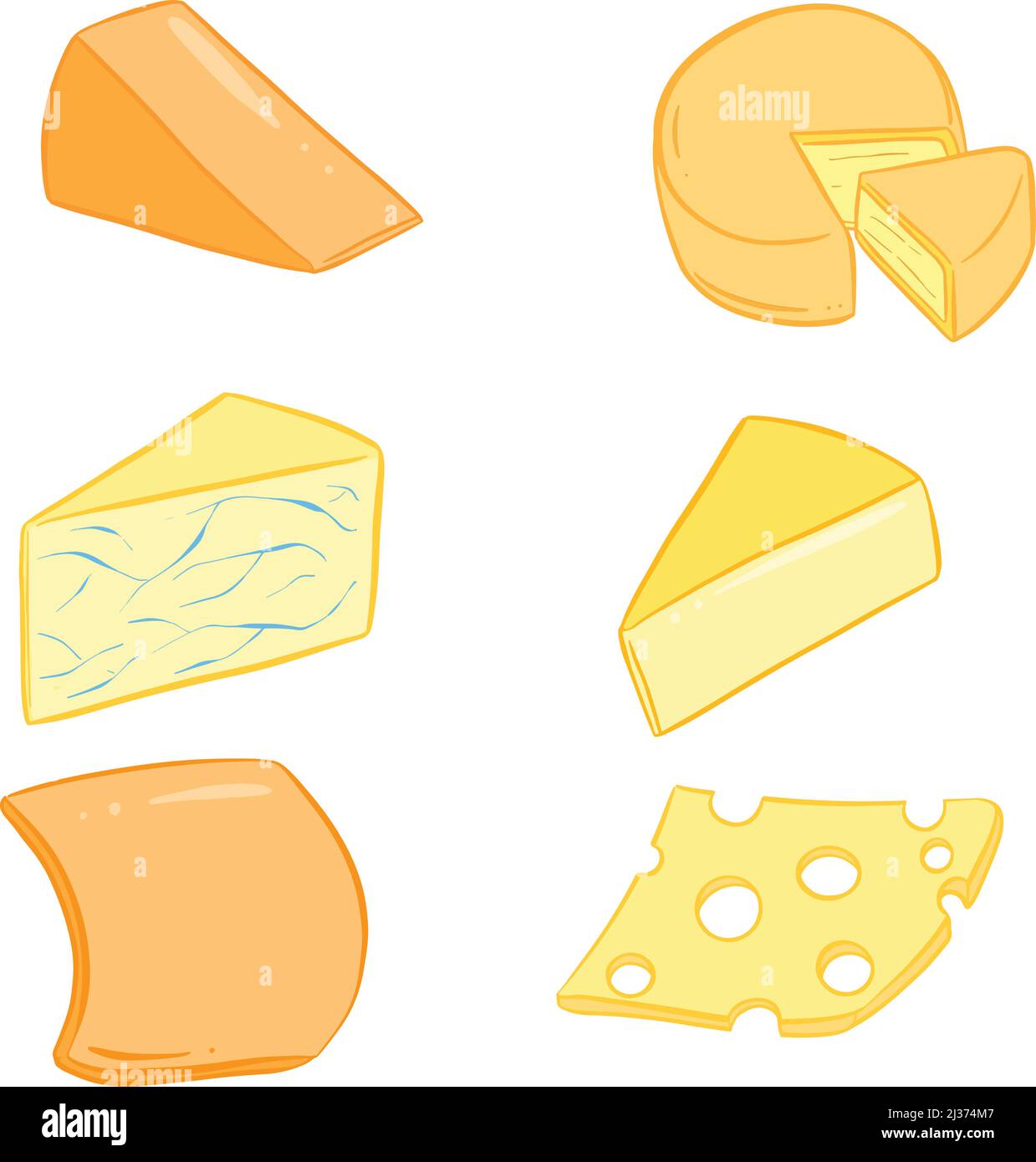 Collection of different shaped cheeses like a slice a wedge and a wheel ...