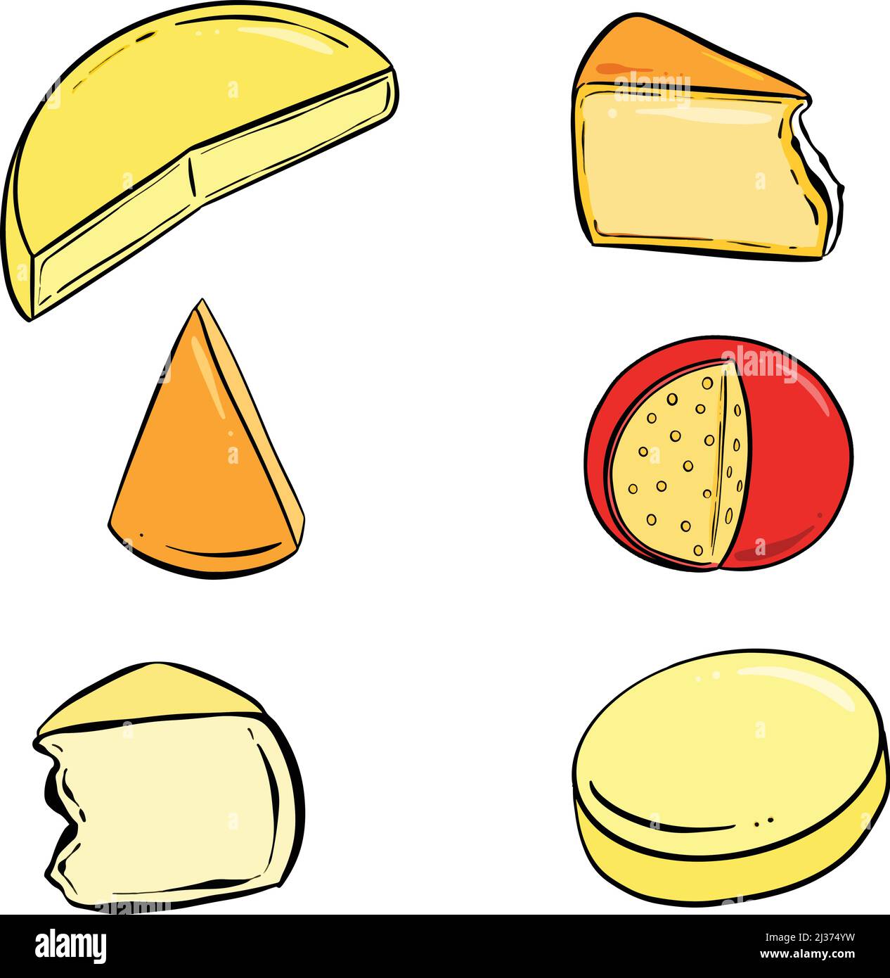Collection of different shaped cheeses like a slice a wedge and a wheel ...