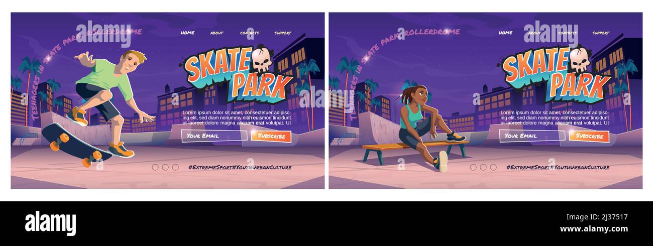 Skate park cartoon landing page with teenager at rollerdrome perform ...