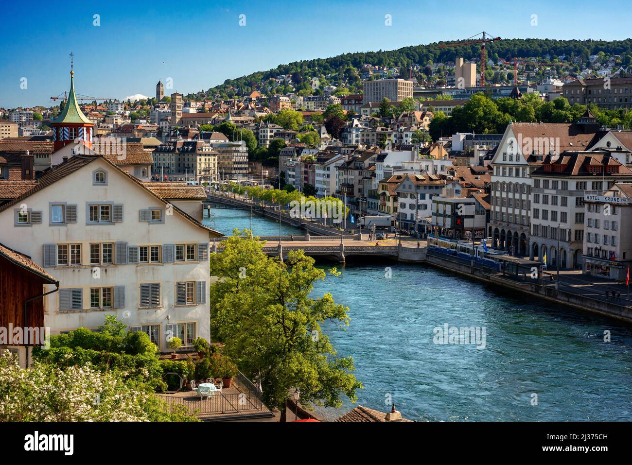 Zurich waterfront landmarks and limmat river spring summer colorful ...