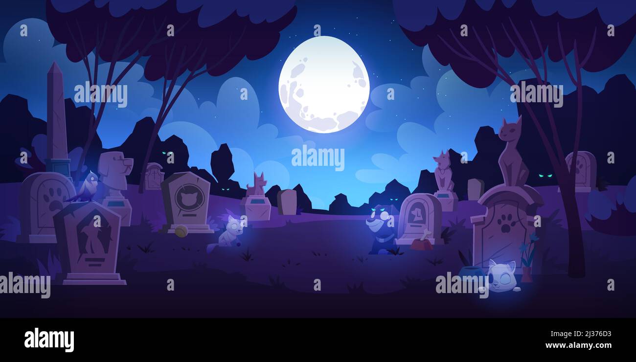 Pet cemetery at night, animal graveyard with tombstones, grave tombs ...