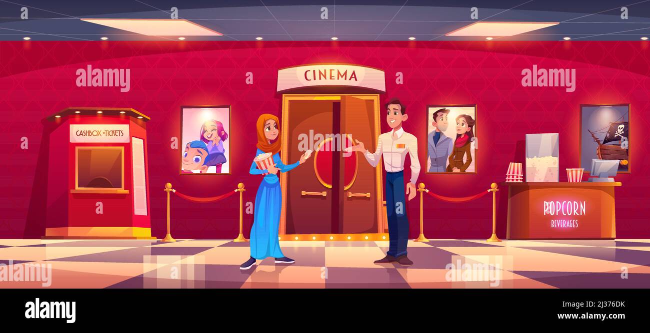 Muslim girl with popcorn in cinema. Vector cartoon interior of movie ...