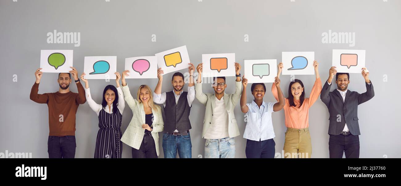 Diverse people holding message bubbles and chat icons from social media ...