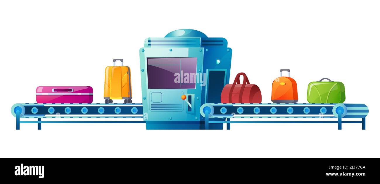 Conveyor belt with luggage in airport terminal. Security check scanner ...